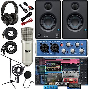 Presonus AudioBox 96 Audio Interface (May Vary Blue or Black) Complete Studio Bundle with Studio One Artist Software Pack w/Eris 3.5 Pair Studio Monitors, Condenser Microphone, 1/4” Instrument Cables