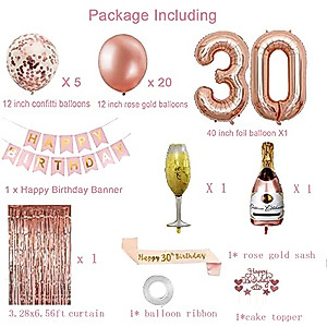 30th Birthday Decorations for Women - Rose Gold 30 Birthday Decor for Her，Happy Bday Banner Kits, Rosegold Balloons, Cake Topper, Foil Balloons and Sash for Girls Women Thirty Birthday Party Supplies