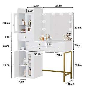 Vabches White Makeup Vanity Desk with Mirror and Lights, 3-Color Adjustable Light Vanity Table Set, Large Modern Makeup Table with Drawers, Vanity and Storage Cabinet 2-in-1 Design, Vanity Organizer