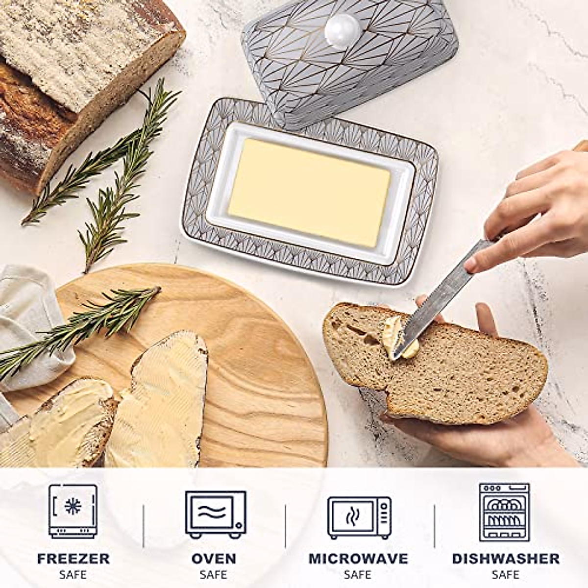 Porcelain Butter Dish With Lid, MEKY Butter Keeper With Handle Cover, Ceramic Butter Holder Container for Storing 1 Western Or Eastern Butter Stick