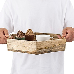 MyGift Decorative Serving Tray, 13 Inch Modern Solid Mango Wood Hexagonal Shaped Coffee Table Tray with Cutout Handles - Handcrafted in India