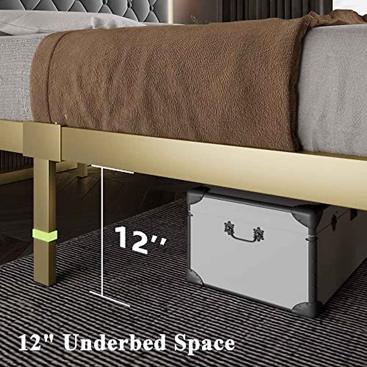 Feonase Twin Metal Bed Frame, Heavy Duty Platform Bed Frame with Steel Slats, Velvet Upholstered Headboard, 12" Storage Space, No Box Spring Required, Noise Free, Easy Assembly, Golden and Gray