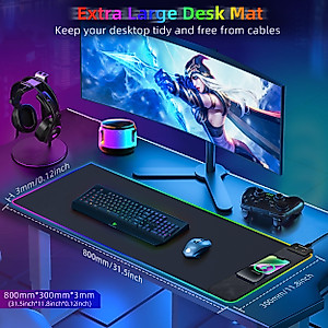 RGB Gaming Mouse Pad with Wireless Charging 10W, 31.5"x11.8" X-Large Desk Mat Protector, [9 Light Modes] [Light Switch] [Non-Slip Rubber Base] [Waterproof] Keyboard Mat