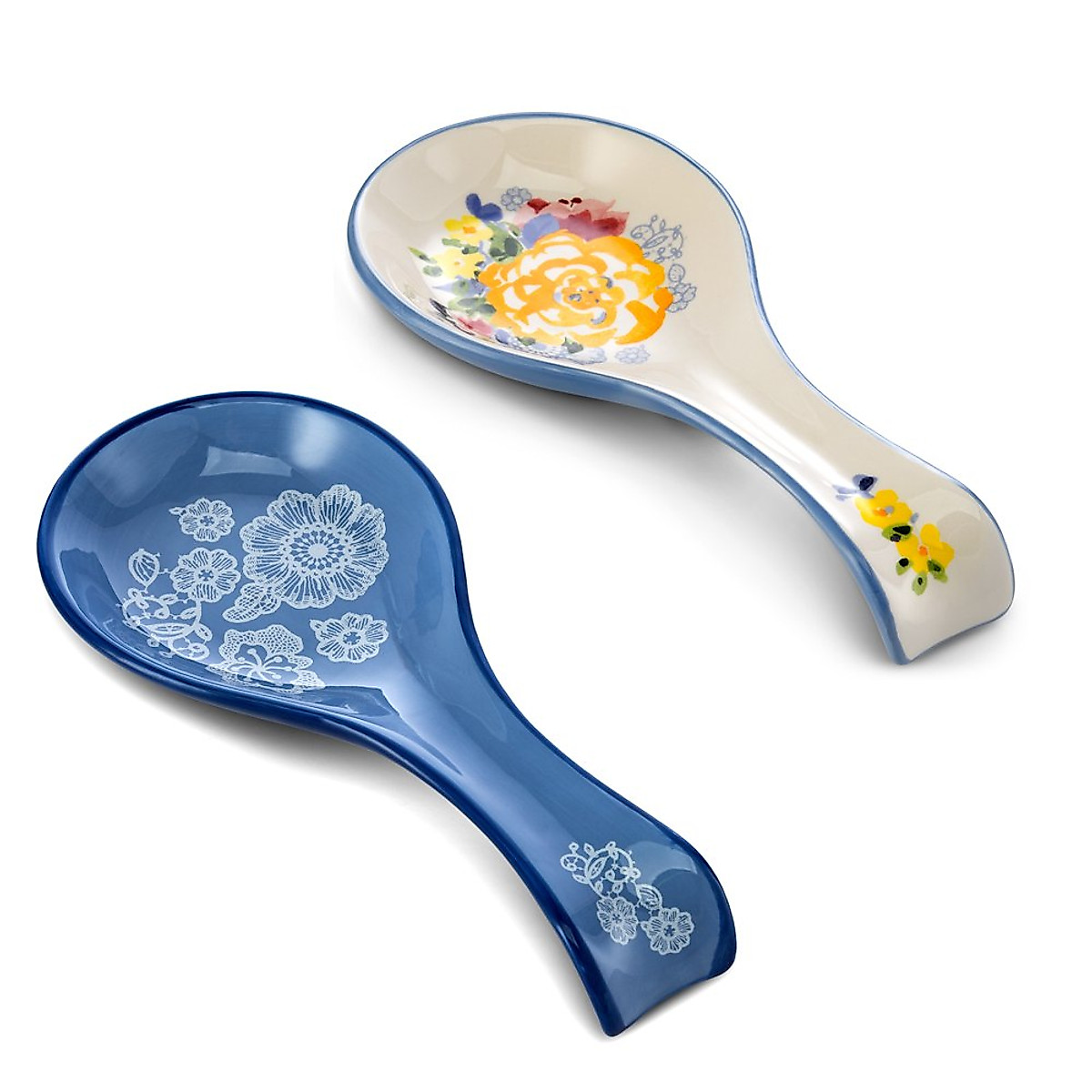Spoon Rest, Ceramic Make, by Kook Spatula, Ladle, Utensil Holder, Dishwasher Safe for Stove Top, for Home and Coffee Bar Accessories, Set of 2 (Floral)