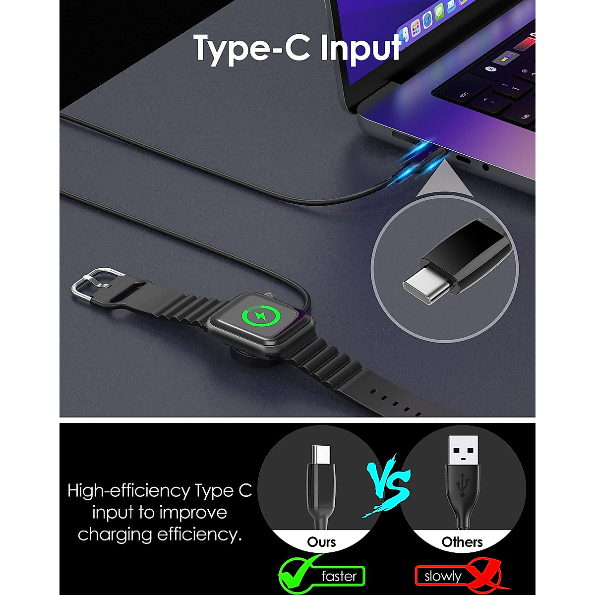 2-Pack Watch Charger Compatible with Apple Watch Charger, USB-C Portable Fast Magnetic Wireless Charging Cable Compatible for iWatch Series Ultra 8 7 6 5 4 3 2 1 SE SE2,Black