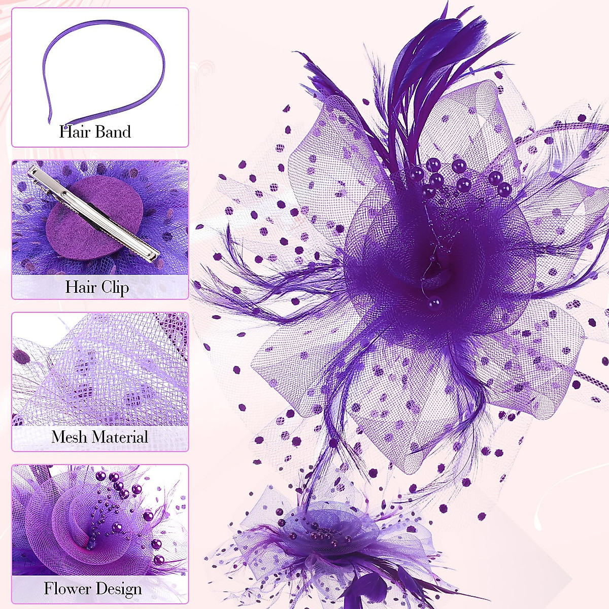 Glitinsel 24 Pcs Fascinators Hats for Women Tea Party Headbands Bulk Mesh Flower Ribbon and Feather Fascinators with Clips for Christmas Halloween 1920s Wedding Church Prom Masquerade Cocktail