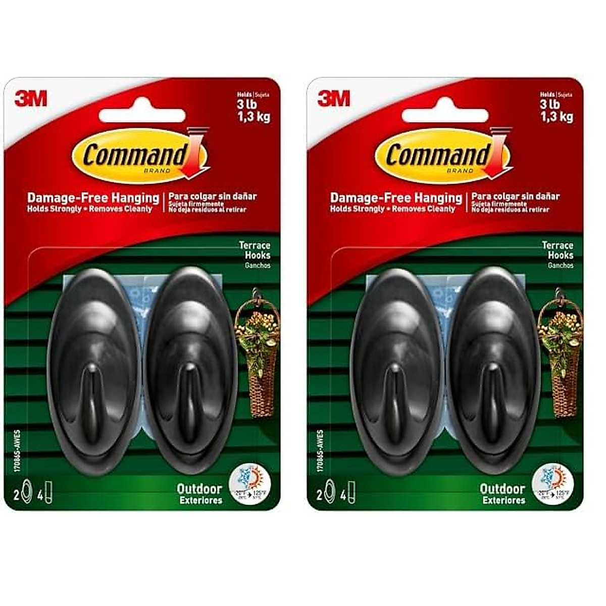 Command Outdoor Medium Terrace Hooks, Black, 3 lb Capacity, Water-Resistant Strips, 2-Hooks, 4-Strips, Decorate Damage-Free (Pack of 2)
