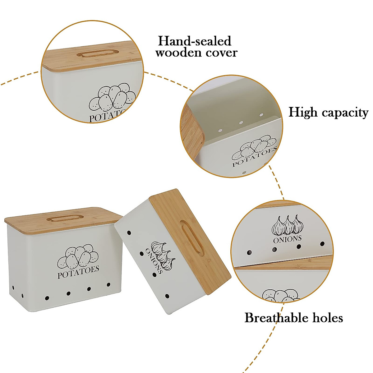 Xbopetda Set of 2 Vintage Cream White Potato Onion Kitchen Storage Canisters Jars Pots, Potato & Onion Bin with Aerating Holes & Wooden Lid, Food Container Sets, Vegeatables Storage