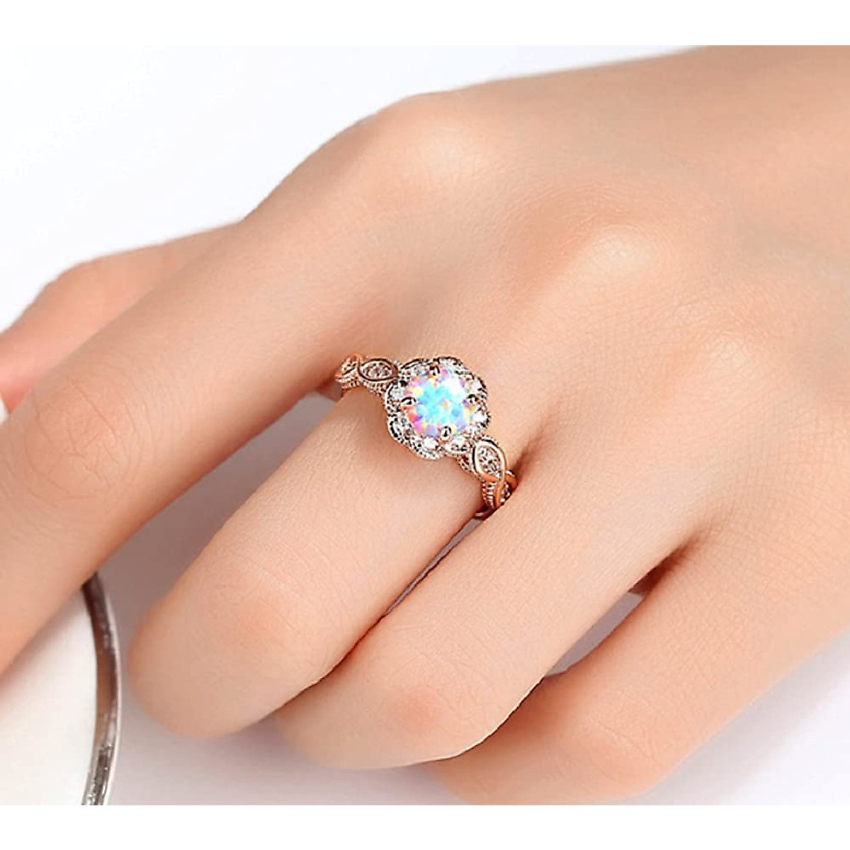 FLYYQMIAO 14K Gold Plated Rose Gold White Simulated Opal Ring White Fire Opal Zirconia Women Jewelry Wedding Engagement Anniversary Ring Flower Shape Women Finger Rings (8#)