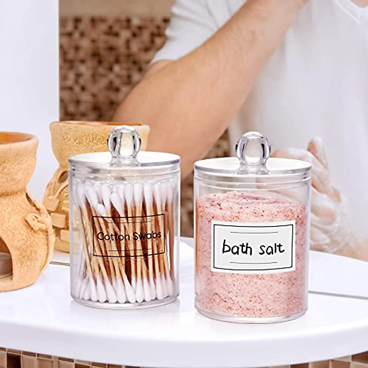 2 Pack Dustproof Storage Box for Cotton Ball, Cotton Swab, Cotton Round Pads, Floss - 10 Oz Clear Plastic Apothecary Jar Set for Bathroom Canister Storage Organization, Vanity Makeup Organizer