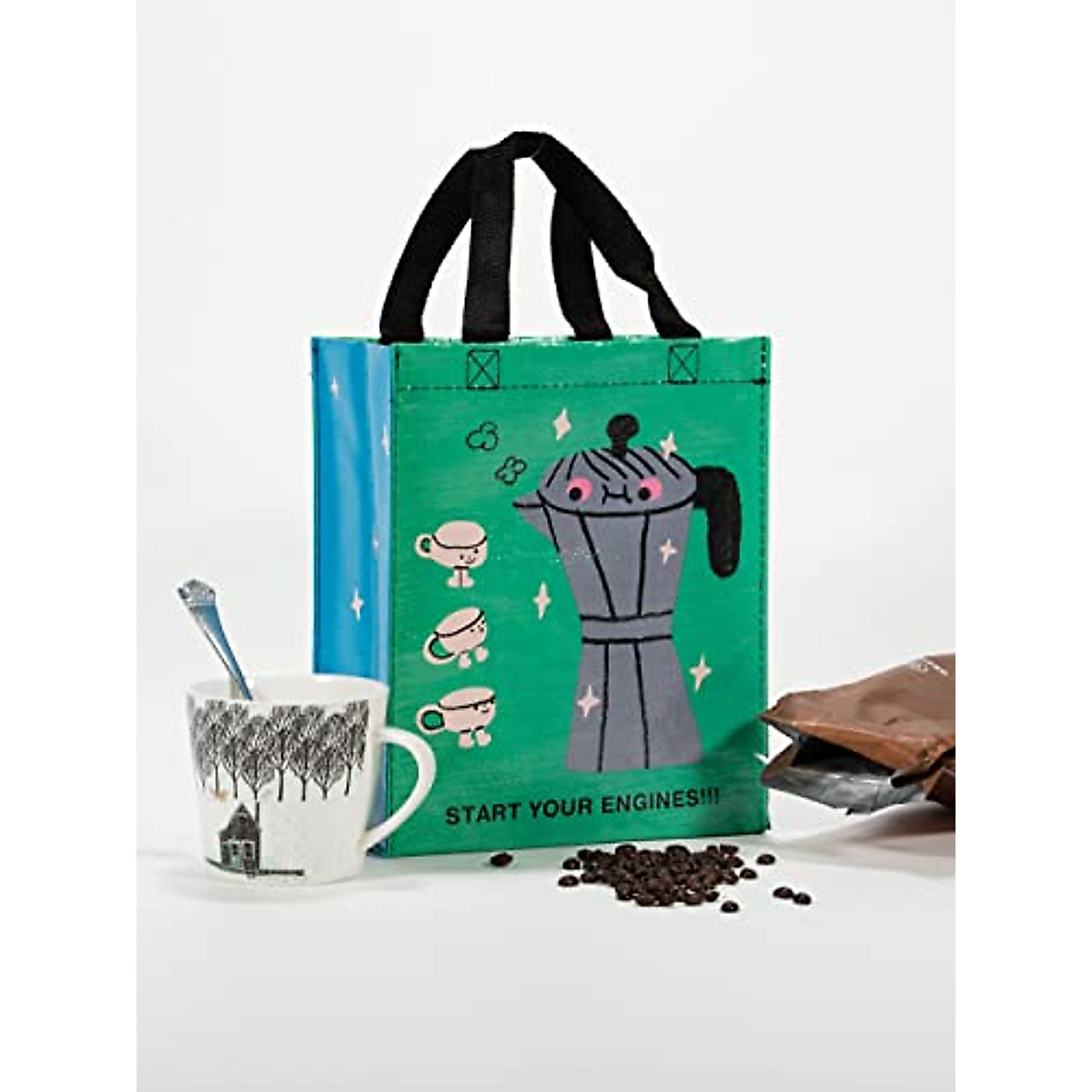 Blue Q Handy Tote ~ Start Your Engines Coffee Lovers!!! Reusable lunch bag, little tote, gift bag, sturdy and easy to clean, made from 95% recycled material, 10" h x 8.5" w x 4.5" d