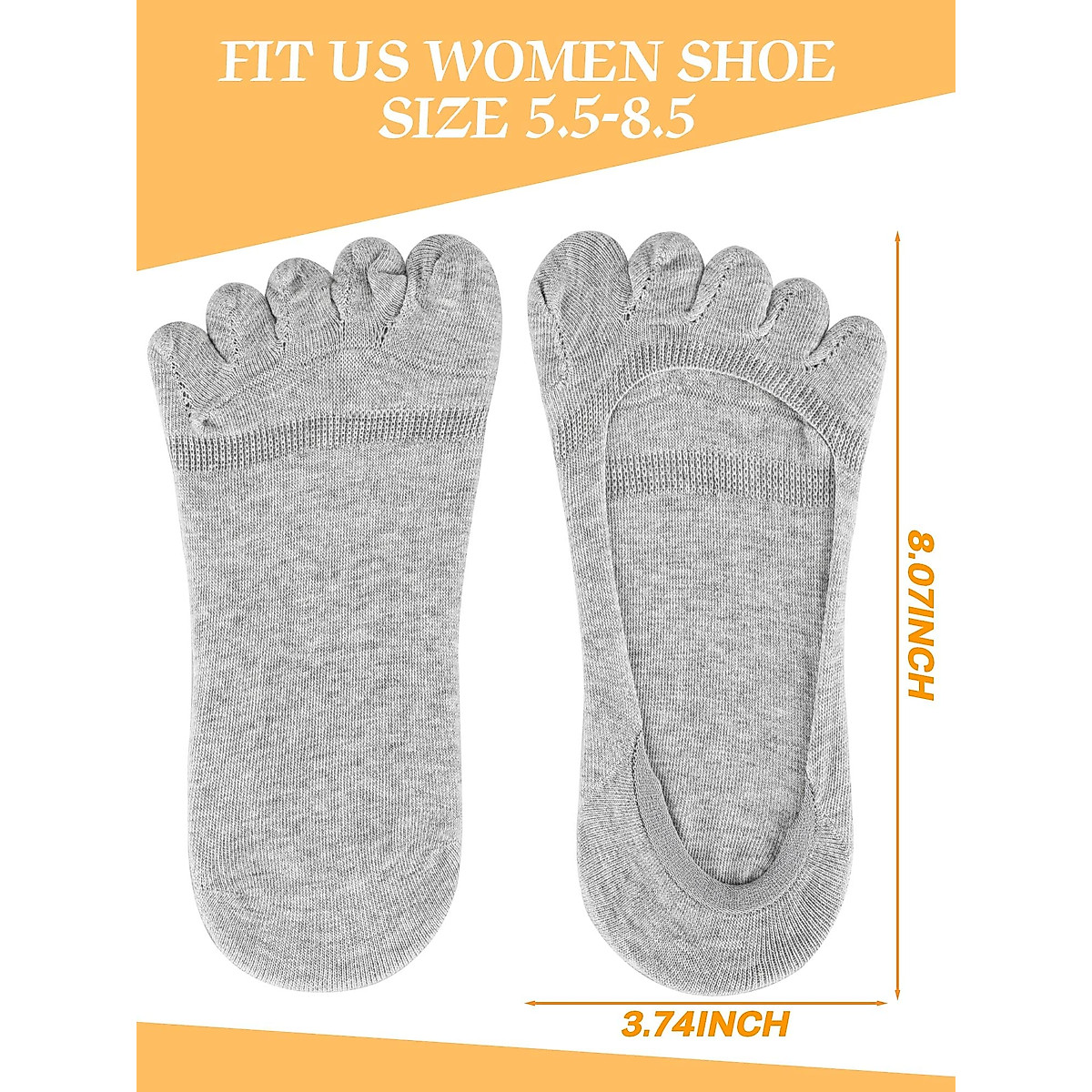 Bencailor 6 Pairs No Show Toe Socks Women Low Cut Toe Separator Socks Invisible Liner Boat Breathable Athletic Cotton Sock(Black, White, Gray)