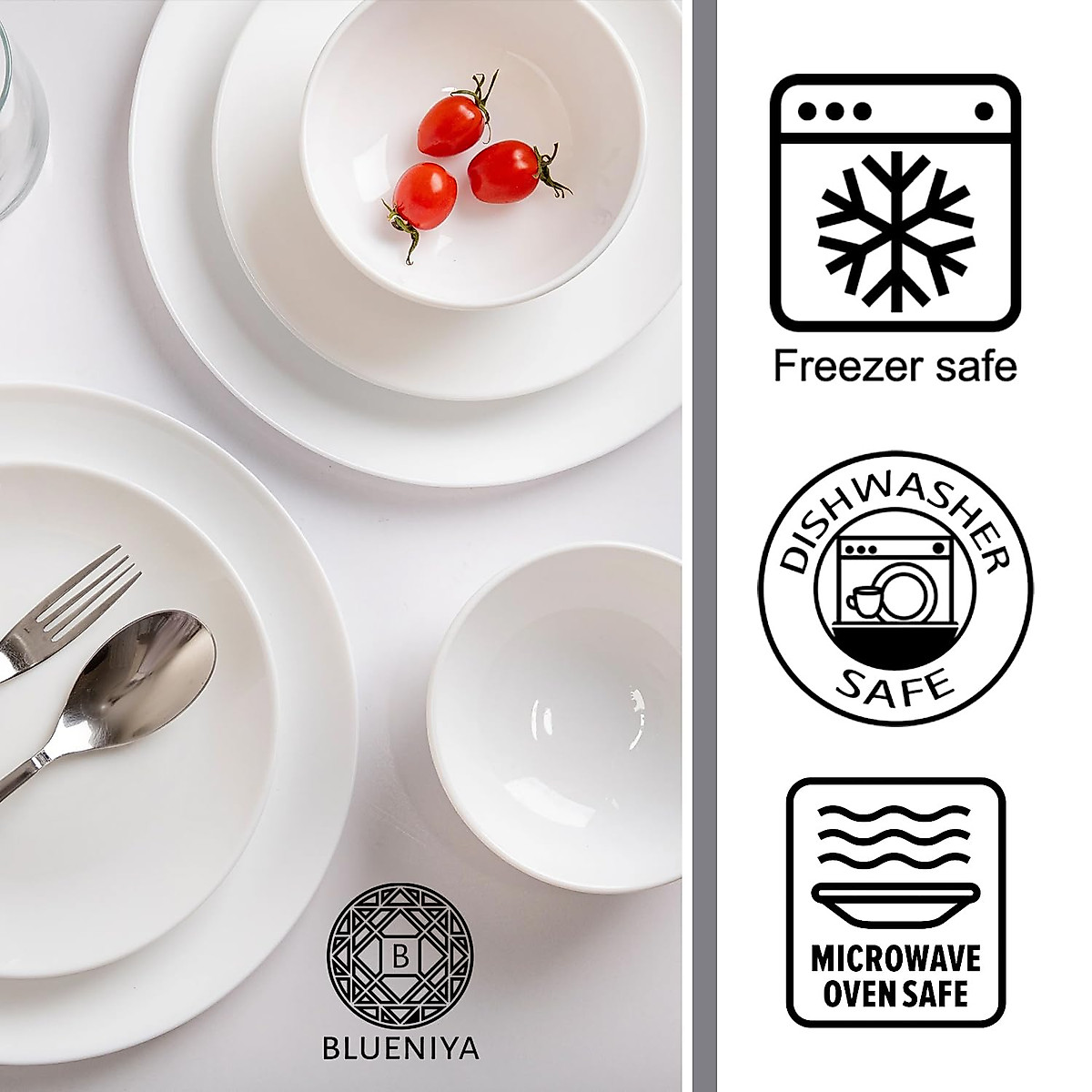 Blueniya 12 Piece Dinnerware Set, Bone China Dish, Round Kitchen, Microwave, Chip Resistant Dishwasher Safe Plates & Bowls Sets, Dinner Set W/Soup Bowls for Everday, Wedding & Thanksgiving (White)