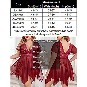 Avidlove Plus Lingerie for Women Lace Babydoll Sexy Chemise V Neck Mesh Sleepwear Dark Red