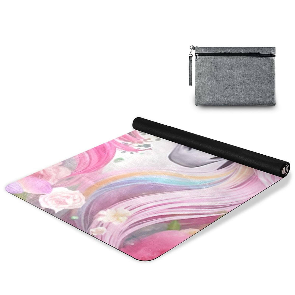 GOODOLD Cute Horse Pink Yoga Mat, 71 x 26 Inch Non-slip Yoga Mats Folding Travel Exercise Mat Indoor Outdoor Gym Pilates with Storage Bag for Women Men