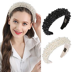 QIANXUAN Fashion Headbands For Women's Hair White Pearl Headbands For Girls Black Padded Headband Rhinestones Beading Pearls Hair Accessories Design Elegant Wide Hairbands