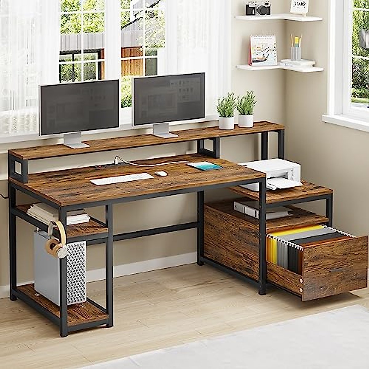 SEDETA Home Office Desk with File Drawer & Power Outlet, 66'' Computer Desk with Storage Shelves, Printer Cabinet and Monitor Shelf, Computer Table Writing Desk Workstation, Rustic Brown