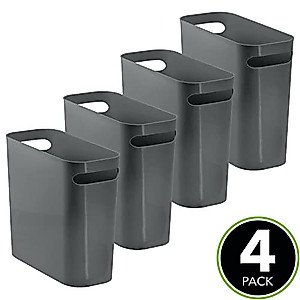 mDesign Plastic Small Trash Can, 1.5 Gallon/5.7-Liter Wastebasket, Narrow Garbage Bin, Handles for Bathroom, Laundry, Home Office - Holds Waste, Recycling, 10" High, Aura Collection, 4 Pack, Dark Gray