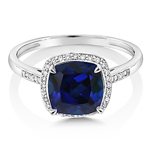 Gem Stone King 10K White Gold Cushion Cut 8MM Birthstone and Accent Diamonds Halo Engagement Ring For Women|Wedding Anniversary Promise Available In Size 5, 6, 7, 8, 9 (Created Sapphire, September,8)