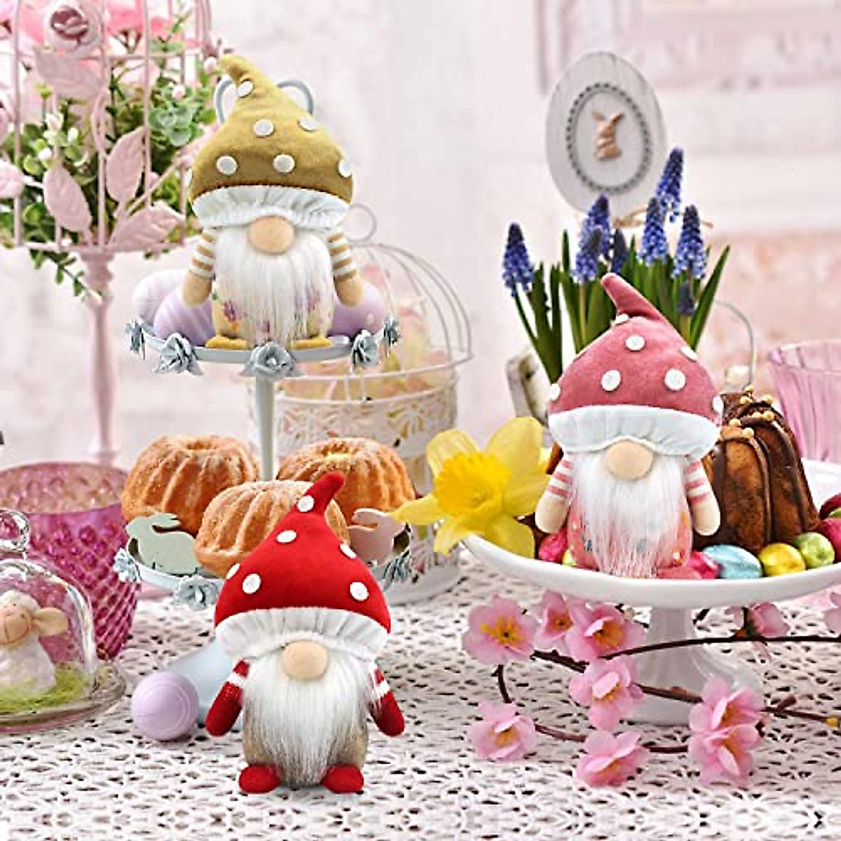 Gehydy Set of 3 Summer Mushroom Gnomes Plush Spring Decoration Gifts Holiday Handmade Scandinavian Tomte Stuffed Farmhouse Decor for Home Kitchen Tiered Tray