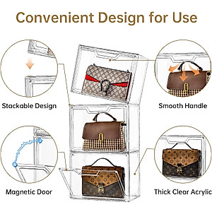 Stebopum Purse Organizer for Closet,Clear Acrylic Display Case for Handbag Organizer, Purse Storage Box with Magnetic Door, Plastic Storage Bins for Book, Collectibles, Cosmetic (5 Pack)