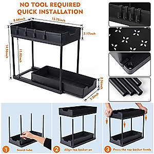 Under Sink Bathroom Cabinet Organizer, Double Sliding out Drawer Kitchen Organization, Multi-use For Vanity Counter Kitchen Storage with Hook, Black