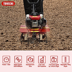 Garden Tiller/Cultivator 63CC 4-Stroke Gas Powered Hand Rotary Front Tine Tiller Rototiller Garden Tool Cordless, Gear Drive Transmission, Adjustable Tilling Depth