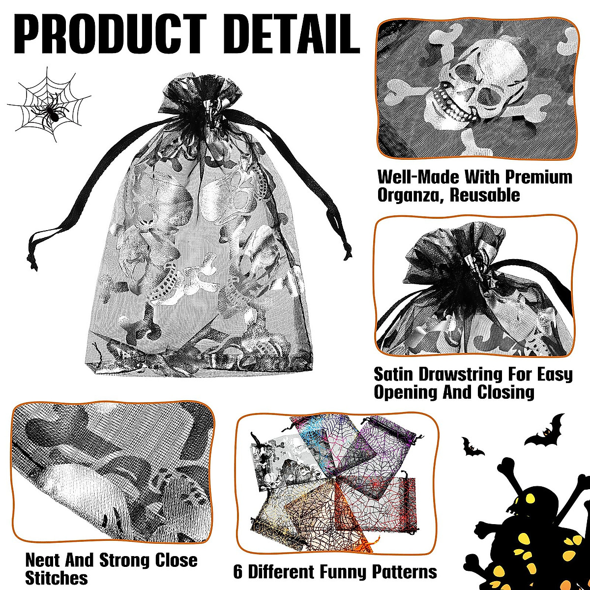 Chumia 270 Pcs Halloween Organza Bags Spider Web Skull Print Treat Bags with Drawstring Sheer Candy Gift Bags for Halloween Party Favors Supplies (4 x 6 Inch)