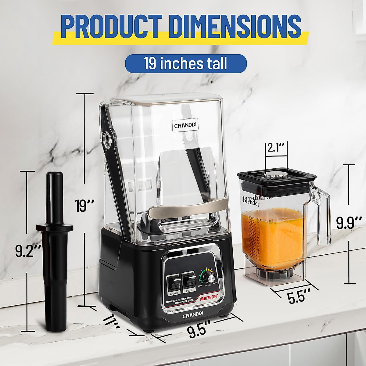 CRANDDI Professional Smoothie Blender, 2200W Commercial Soundproof Quiet blender with Removable Soundproof Shield for Crushing Ice, MilkShakes, Puree, Self-Cleaning, 50oz 110V K80