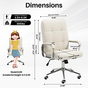 HomeZeer Home Office Desk Chair, Swivel Computer Desk Chair with Wheels and Padded Arms, Soft Leather, Adjustable Height and Tilt (White)