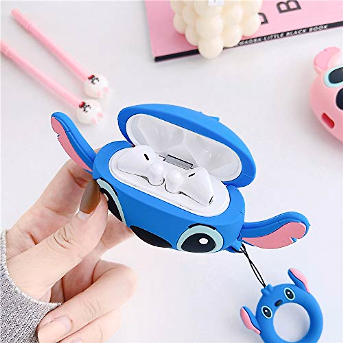 Ultra Thick Soft Silicone Case Cover for Apple AirPods 1 2 1st 2nd Generation with Strap Blue Stitch Anime 3D Cartoon Adorable Lovely Classic Cute Funny Women Teens Girls