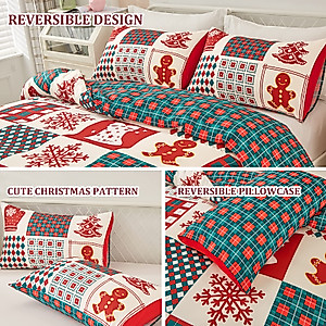 Dobuyly Christmas Duvet Cover Set Twin Cute Christmas Tree Snowflake Bell Pattern Patchwork Bedding Set for Kids Teens Reversible Red Green Plaid Xmas Comforter Cover with 1 Pillowcase