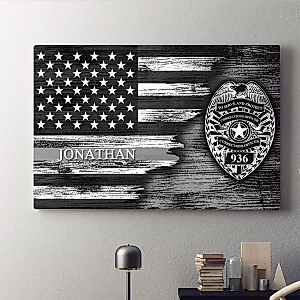 Personalized Custom Name Correctional Badge Number Correction Officer Prayer Thin Silver Grey Gray Line American Flag Canvas Prints Wall Art Hanging Graduation Poster Retired Retirement Home Decor