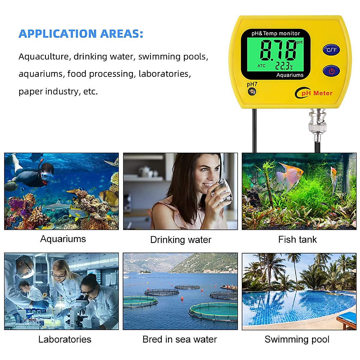 YIFAN pH Meter 0~14 pH Meter for Water, 2 in 1 ph Temperature Meter and Water Quality Tester with Automatic Calibration Function, Suitable for Hydroponics Aquarium Laboratory Lab Testing etc