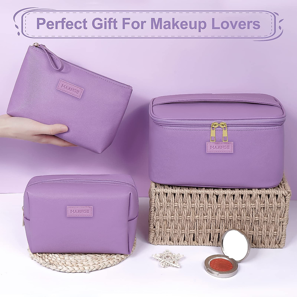 MAANGE Travel Makeup Bag - Large Makeup Bag with 2pcs Small Makeup Bag Portable Leather Cosmetic Bag Toiletry Bag Make Up Bags for Women and Girls (Purple)