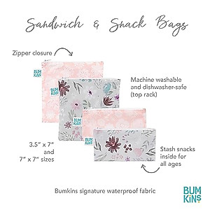 Bumkins Reusable Sandwich and Snack Bags, for Kids Lunch Bags and for Adults, Washable Fabric, Cloth Zip Bag, Dishwasher-Safe, Food-Safe, Safety Tested (4-Pack)