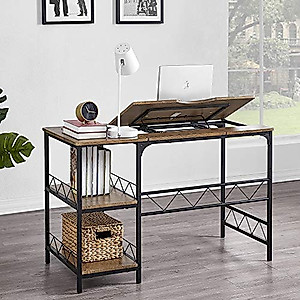 HOMBAZAAR Home Office Desk, Industrial Computer Desk with Storage Shelf, Large Writing Drawing Desk Craft Workstation with Tiltable Tabletop for Artist, 47’’ Multifunctional PC Laptop Table, Brown