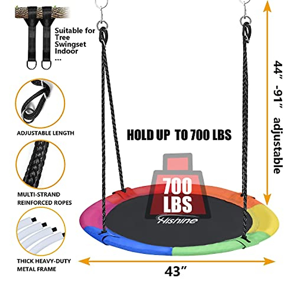 Hishine 43" Saucer Tree Swing for Kids, 360° Rotate Waterproof Flying Saucer Swing with Swivel, Hanging Straps, Adjustable Ropes, Round Mat Spinner Swing for Tree/Swing Set (Rainbow)