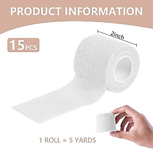 KISEER 15 Pack 2 Inch x 5 Yards White Self Adhesive Bandage Breathable Cohesive Bandage Wrap Rolls Elastic Self-Adherent Tape for Stretch Athletic, Sports, Wrist, Ankle