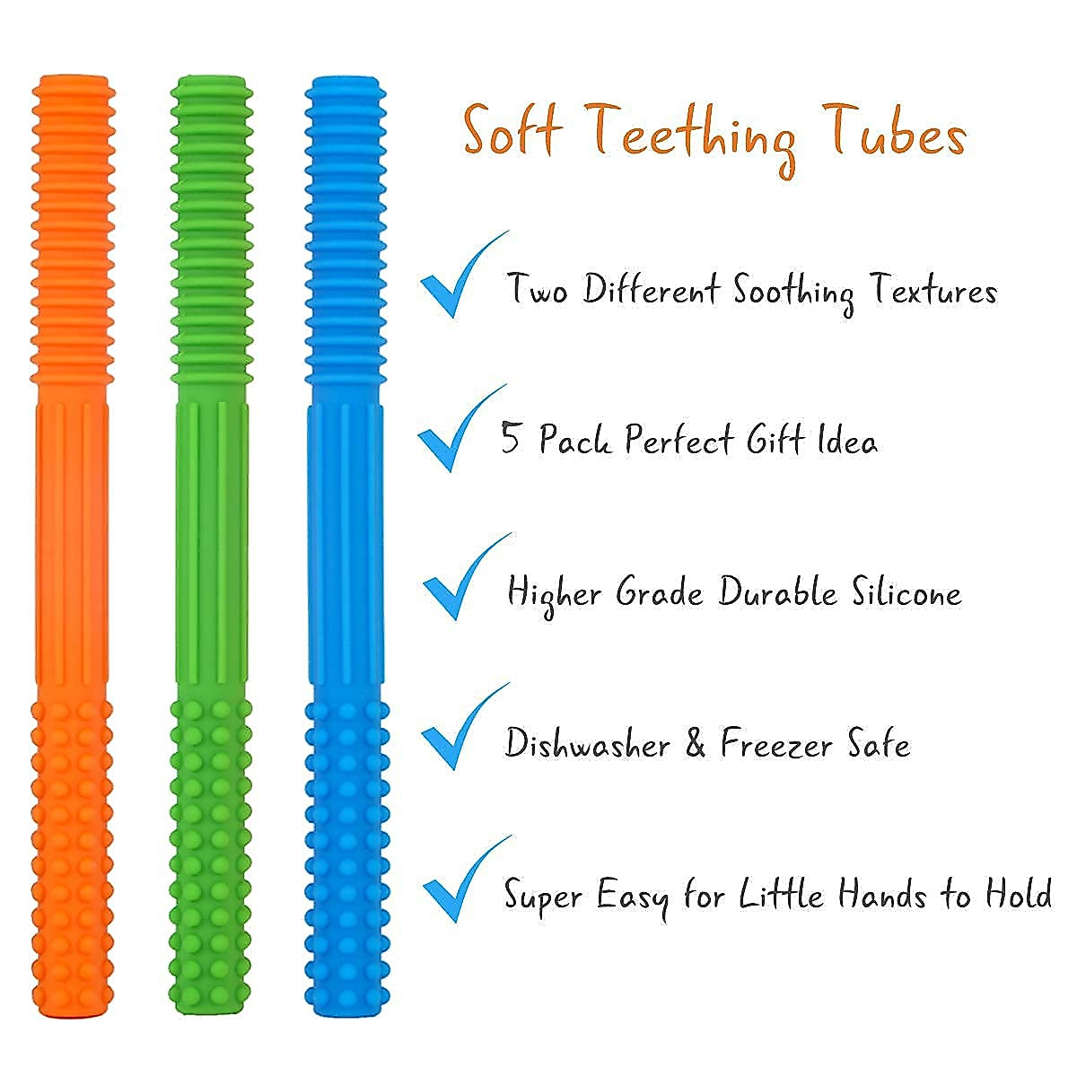 SLGOL Hollow Teether Tube(6.8'' Long), 5 Pack Chew Straw Teething Toys for Infant Toddlers Silicone Tubes Teething Sticks for Babies 3-12 Months, BPA Free