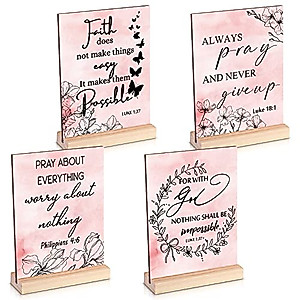 4 Pieces Inspirational Quotes Desk Decor Christian Home Decors Pink Motivational Bible Wood Block Plaque Table Signs Decorative Table Sign Centerpiece for Women Desk Office Decor Gift for Girls