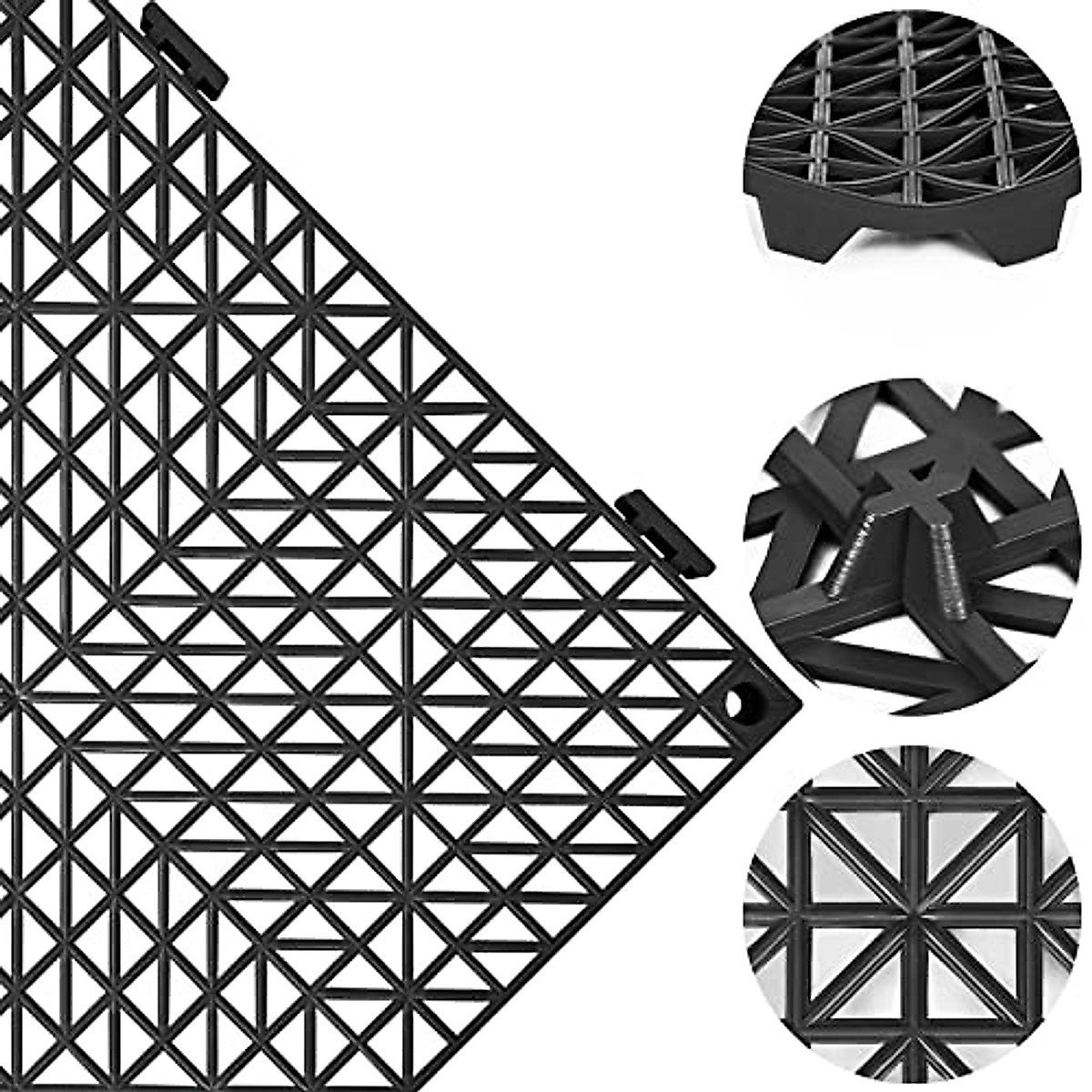 Modular Interlocking Cushion 12 Pcs 11.8" x 11.8" Interlocking Rubber Floor Drain Holes Non-Slip Splicing Drainage Mats for Deck, Shower, Kitchen, Drain Pool, Sauna Bath, Indoor Outdoor (Black)
