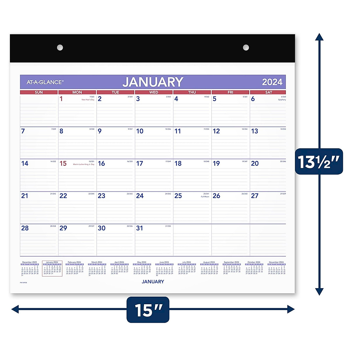 2024 AT-A-GLANCE® Repositionable Horizontal Wall Calendar With Adhesive Backing, 15" x 12", January To December 2024, PM15RP28