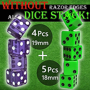 Dice Stacking Cup(Blue) Set with 4 Pcs 19mm(Purple) and 5 Pcs 18mm(Green) Standard 6 Sided Dices, with Storage Bag-Magic Tricks Instruction