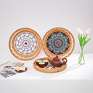 BemiaoCrafts 13" Round Boho Rattan Tray with Wooden Base, Decorative Tray, Rustic Style, Lacquer Serving Basket for Breakfast Food, Round Tray as Coffee Table Decor, Storage and Display