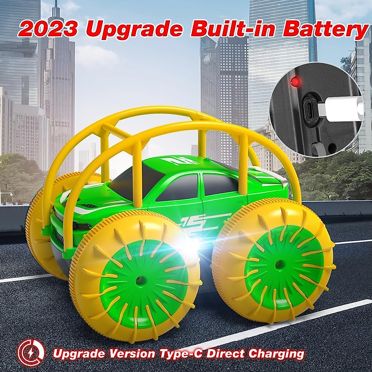 Remote Control Car, Amphibious Rc Stunt Car 360° Flip & Rotation RC Car for Kids with Cool LED 2.4Ghz 4WD All Terrain Indoor Outdoor Toys Gift for 3-12 Boys Girls - 2 Rechargeable Batteries Included