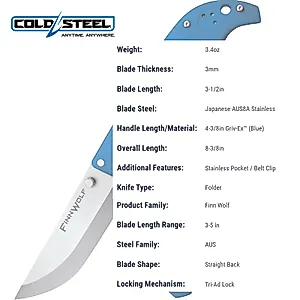 Cold Steel Finn Wolf 3.5in AUS8A Razor-Sharp Straight Back Blade 4.375in Griv-Ex Blue Handle Hunting Folding Knife, Boxed