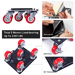 LOYAL TIGER Furniture Dolly,Furniture Mover Pro Set,Furniture Lifter with 5 360° Rotatable Rubber Universal Wheels，Carbon Steel Panel Furniture Movers，Maximum Load 2204LBS,Red.