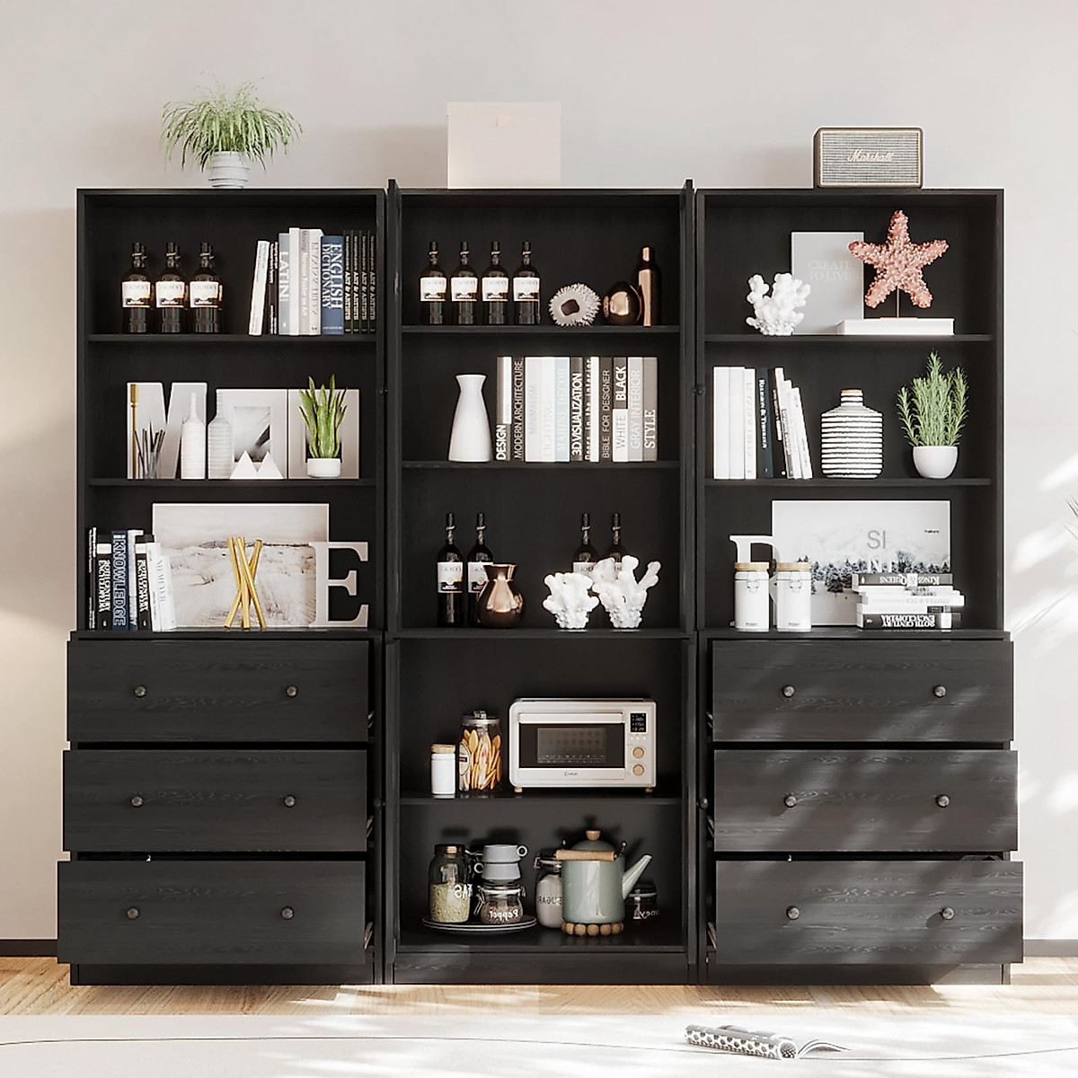 VOWNER Vertical File Cabinet, 3-Tier Modern Bookshelf with 3 Large Drawer, Wood Filing Cabinet with Open Storage Shelf, Glass Doors and Fixed Storage Shelves for Home Office, Black