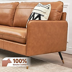 Z-hom 79" Top-Grain Leather Sofa, 3 Seater Leather Couch, Mid-Century Modern Couch for Living Room Bedroom Apartment Office, Cognac Tan